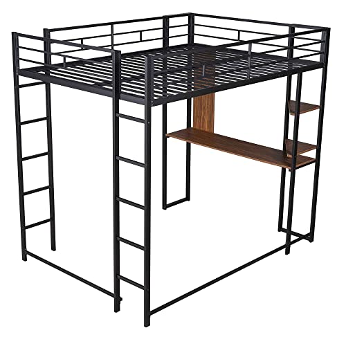 ATY Metal Full Size Loft Bed with 2 Shelves and 1 Desk, Sturdy Bedframe w/Two Ladders & Safety Rails for Kids Teens Adults, No Box Spring Needed, Black