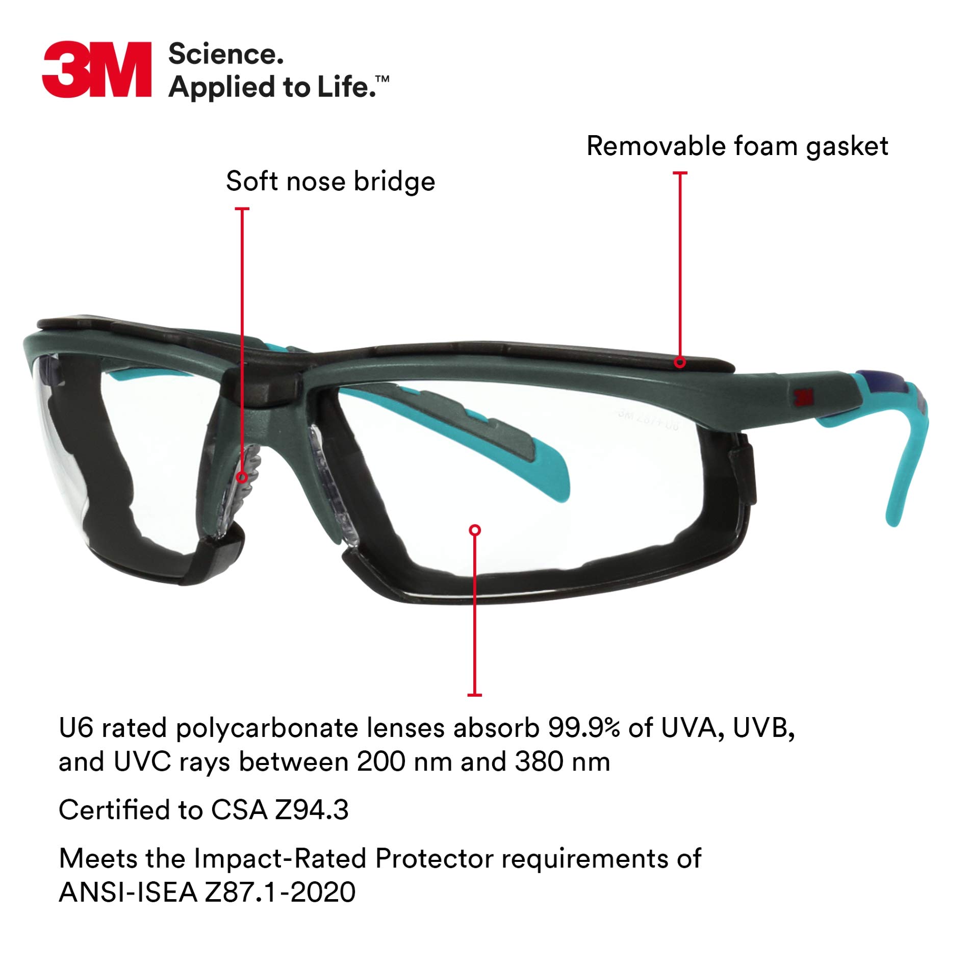 3M Safety Glasses, Solus 2000 Series, ANSI Z87, Scotchgard Anti-Fog Anti-Scratch, Clear Lens, Gray/Red Frame