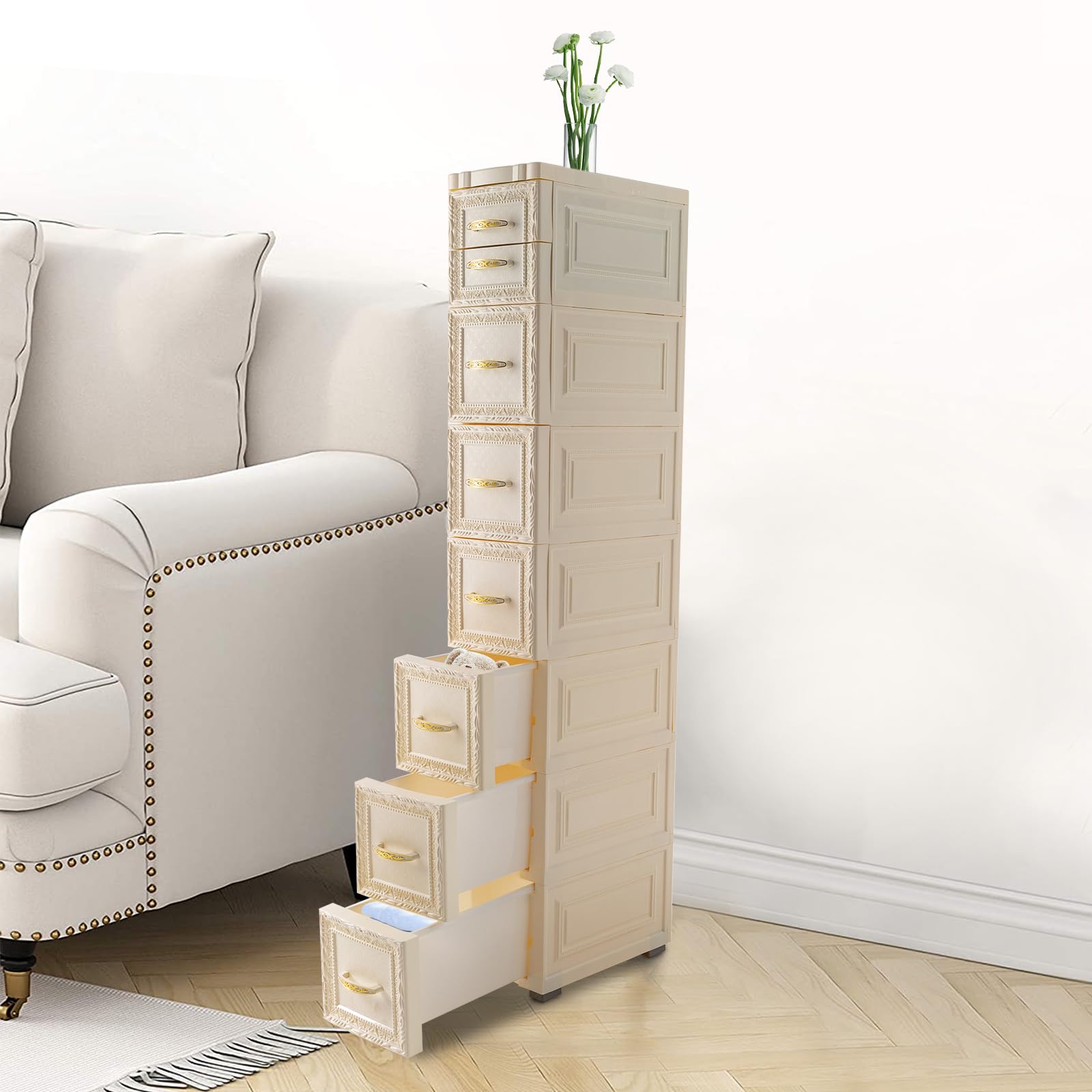 PIOJNYEN 7Tier Bathroom Floor Cabinet, Vertical Storage Unit with Drawers and Casters, Large Capacity Storage Tower Waterproof Toilet Paper Storage Cabinet for Small Spaces Gaps
