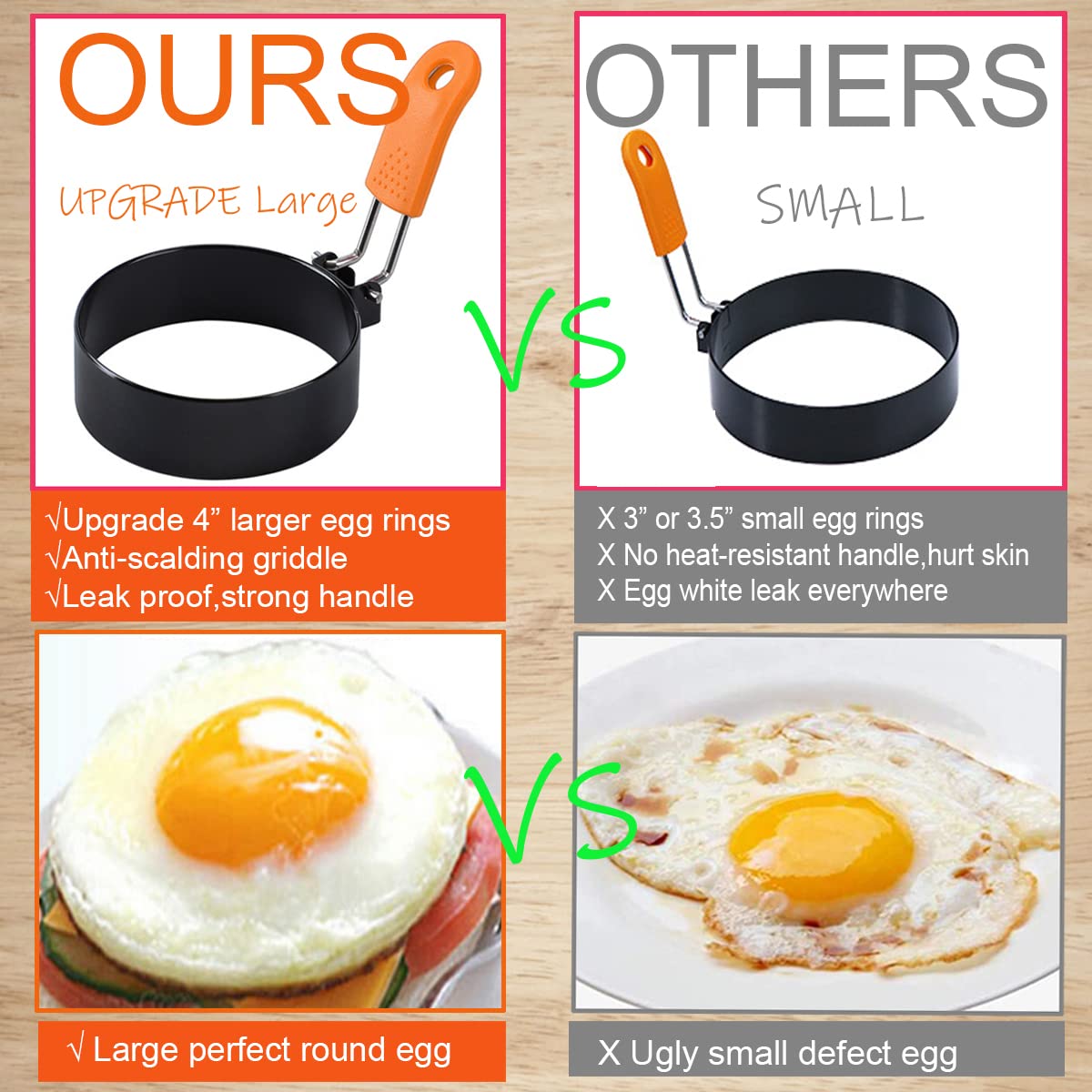 6" Pancake Ring 4" Egg Ring for Griddle,Non-Stick Stainless Steel 6 Inch Pancake 4 Inch Egg Ring for Frying Egg Crumpet Ring Muffin Ring with Silicone Handle(2X 6" Pancake Ring + 2X 4" Egg Ring)