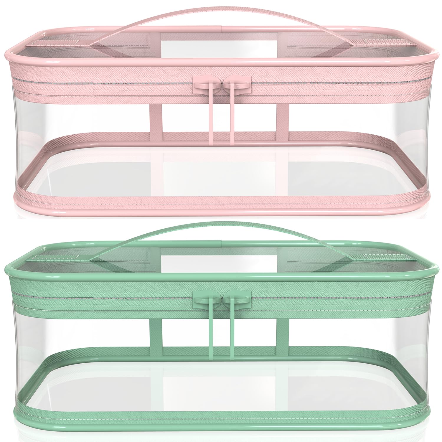WANBAO 2 Pcs Transparent Makeup Bag Zipper Waterproof Portable Travel Storage Pouch, Pink Green