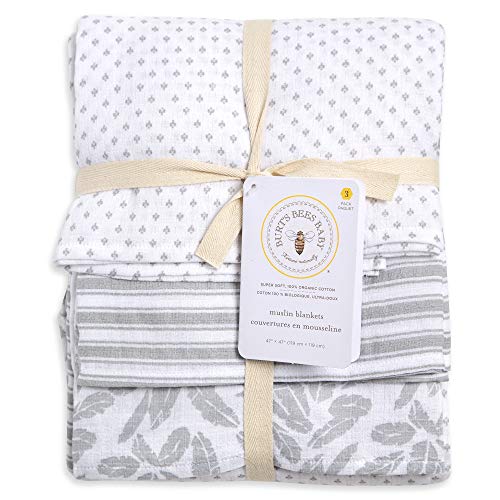 Burt's Bees Baby - HM25785 - Swaddles, Muslin Cotton Baby Blankets, 3-Pack, 47" x 47", Multipurpose Lightweight & Breathable 100% Organic Cotton (Dottie Bee)
