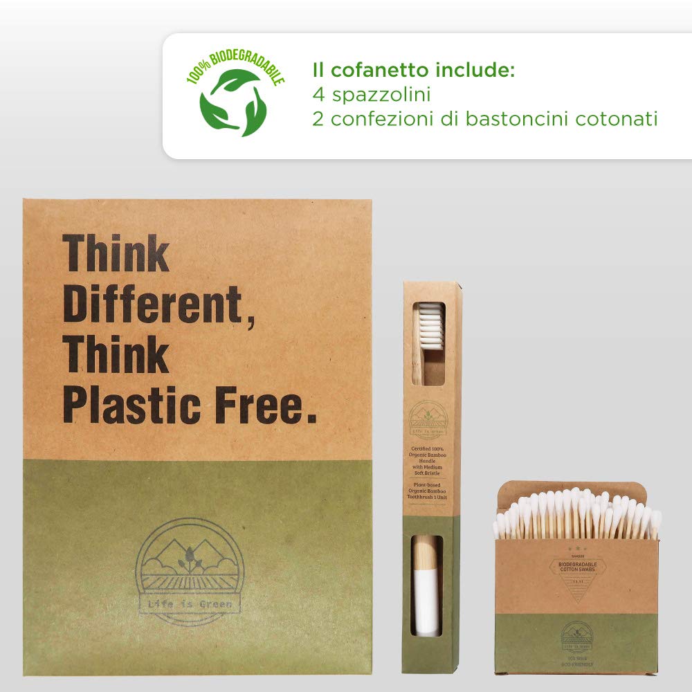Eco Friendly and Biodegradable Bamboo Toothbrush Water Resistant | Plastic Free Round Handle | Antiseptic Medium Hard Bristles BPA-Free | Natural | Set of Toothbrushes | 200 Bamboo Cotton Swabs FREE