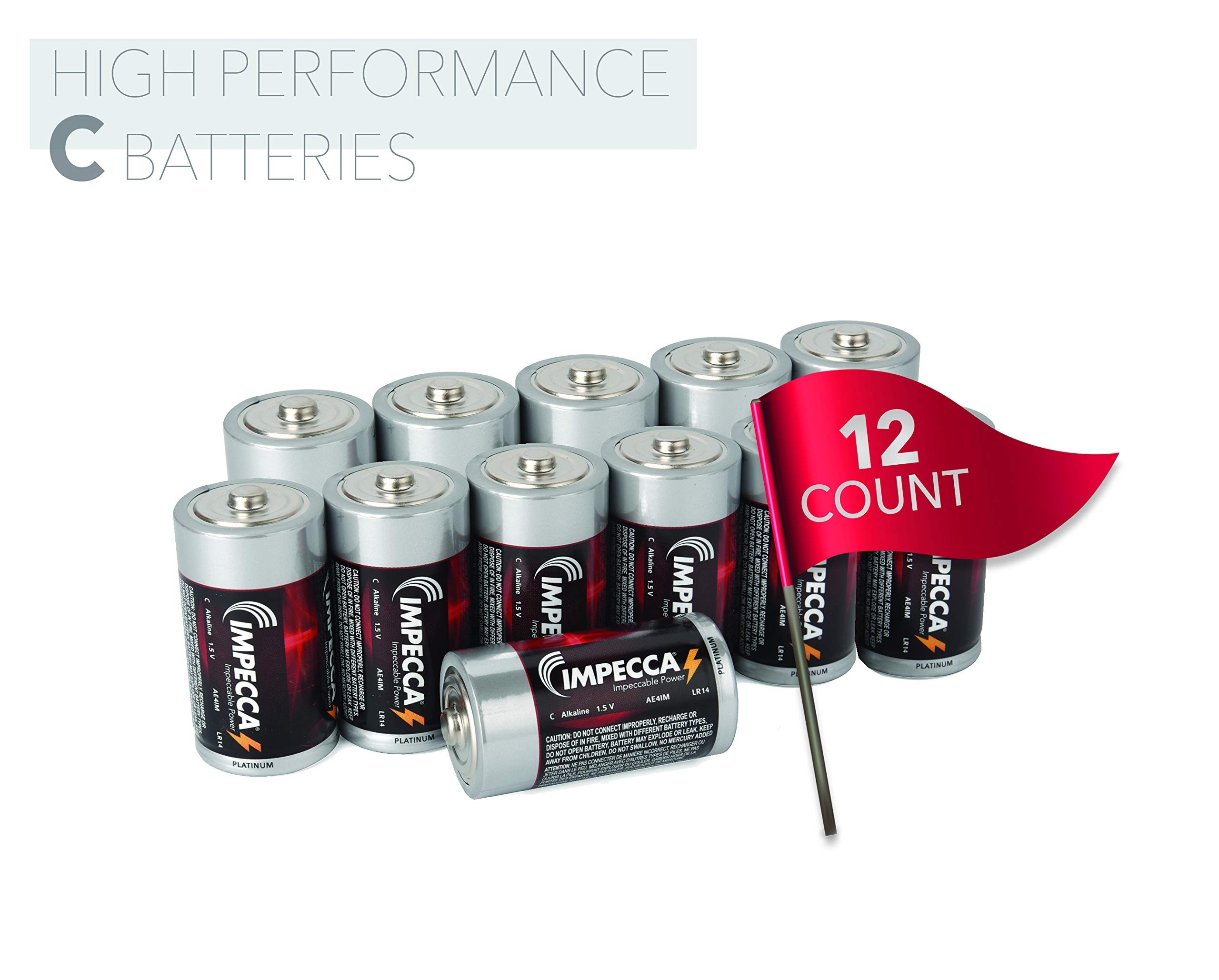 Impecca C Batteries High-Performance Alkaline C Cell Battery with A 10 Year Ultra Long Lasting Shelf Life Leak Resistant 1.5V All-Purpose Batteries Platinum Series, 12-Pack
