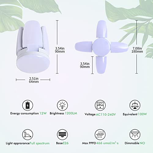 3 PK deformable Grow Light Bulb Full Spectrum Plant Light Bulbs E26 Base 12W Professional for Seedling Growing Blooming Fruiting (Natural Light)