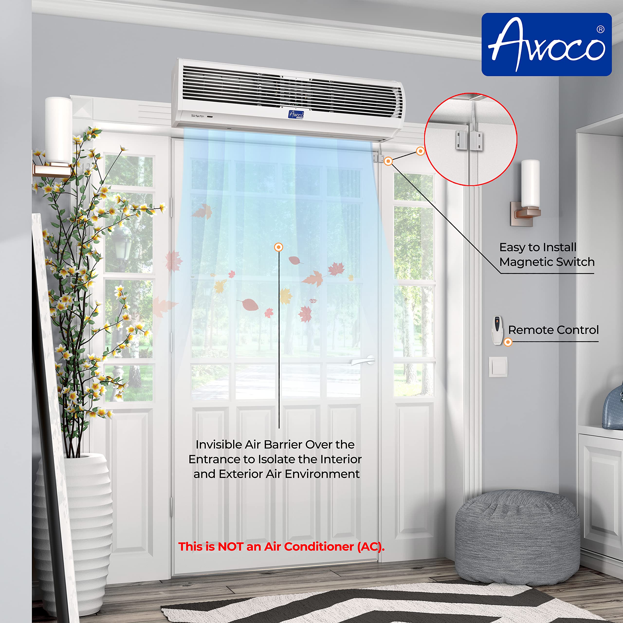 Awoco 36" FM-1209T 1100 CFM Slim Indoor Air Curtain, CE Certified, 120V Unheated with Remote Control and Magnetic Switch, Powerful, Quiet, Small Body, Light Weight