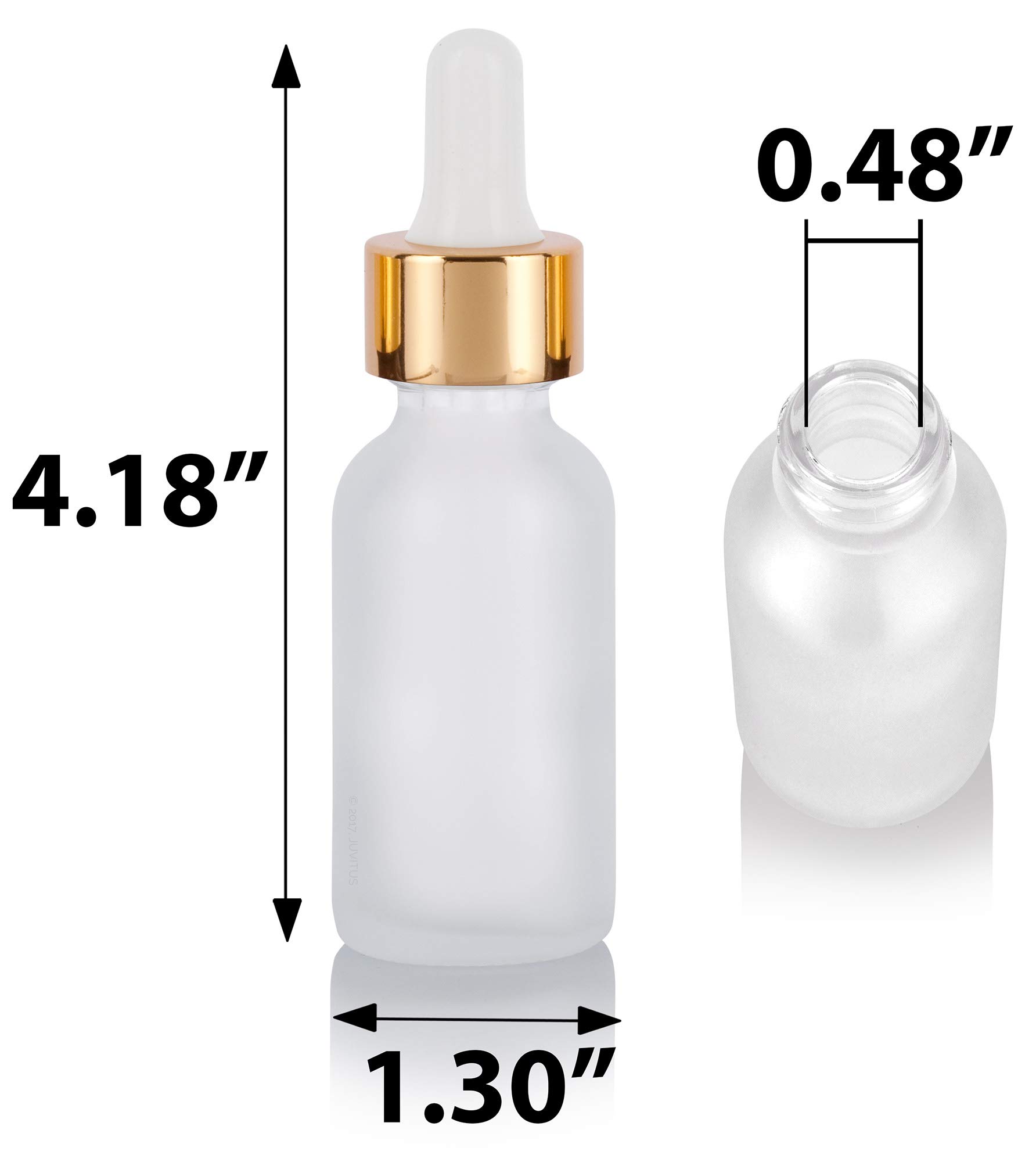 JUVITUS 1 oz Clear Frosted Glass Boston Round Bottle with Gold Metal Dropper (24 pack) + Funnel