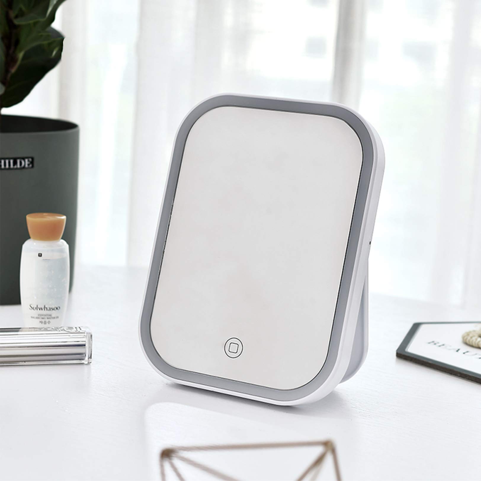 CERSLMO Makeup Mirror with Lights, Lighted Travel Vanity Mirror with 4 LED Tape-Lights, Dimmable Portable Desk Light up Cosmetic Mirror with Touch Screen Switch, Batteries or USB Operated, White