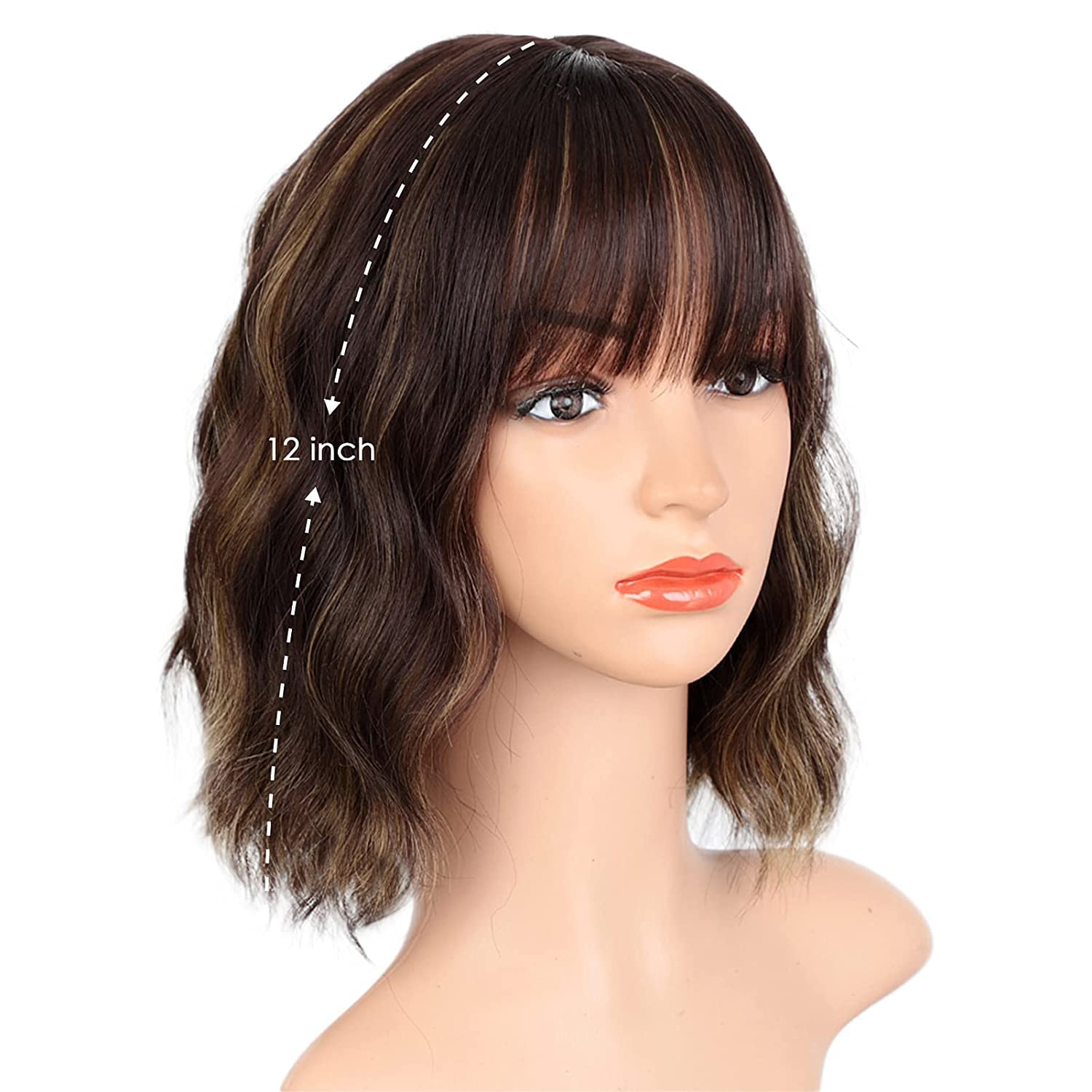 ENTRANCED STYLES Dark Brown Wigs for Women, Blonde Highlights Wig Natural Looking Short Wavy Bob Wig with bangs Medium Length Heat Resistant Synthetic Wig Daily Party Use 12β