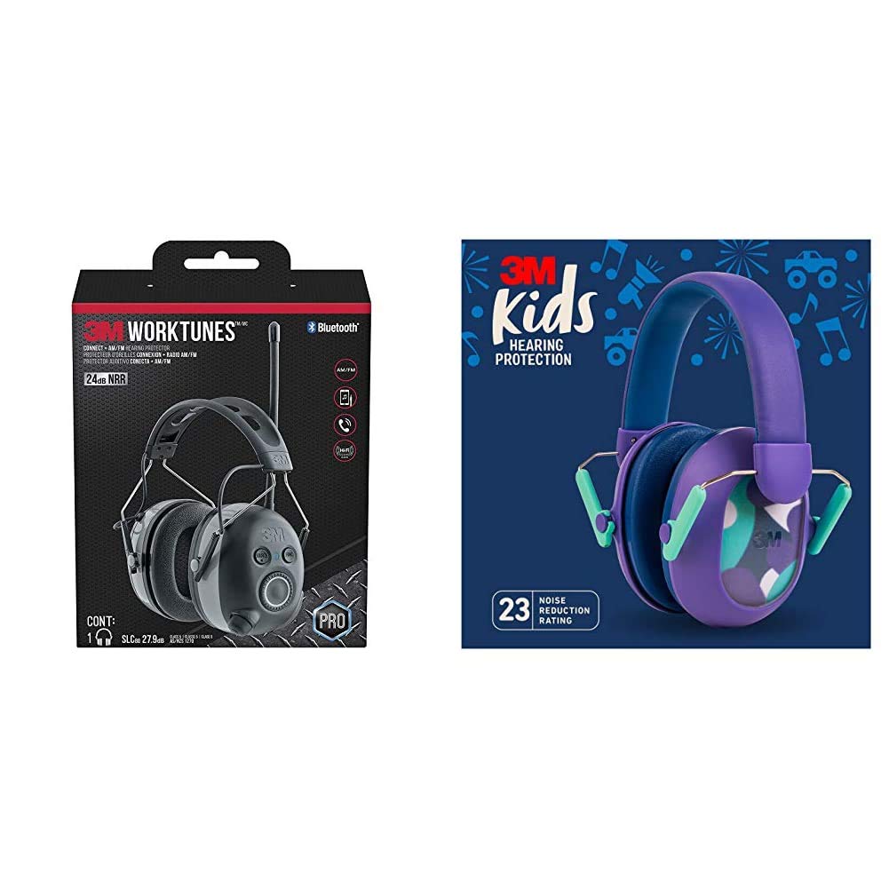 3M WorkTunes Connect + AM/FM Hearing Protection & 3M Kids Hearing Protection Plus, Purple