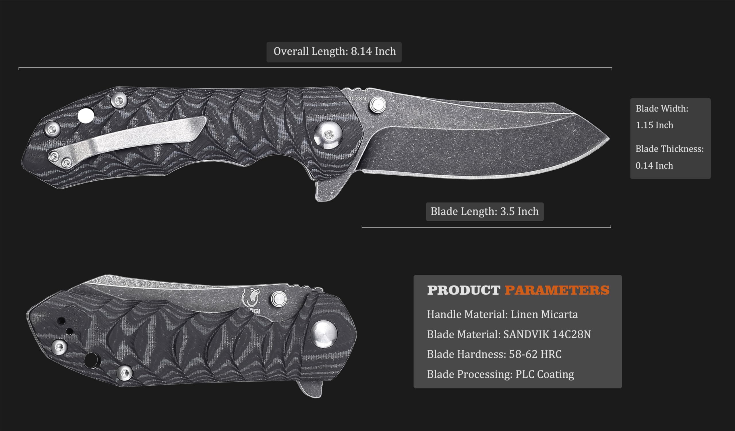 UMOGI Folding Knife - 14C28N Blade, Linen Micarta Handle Safety Liner Lock - Outdoor Camping Hiking Knife, Father’s Day Men Husband Gifts. With Screwdriver for DIY