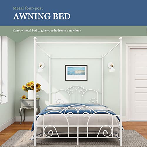 alazyhome Queen Canopy Platform Bed Frame with Headboard and Strong Support Frames Easy Assembly Noise-Free No Box Spring Needed White