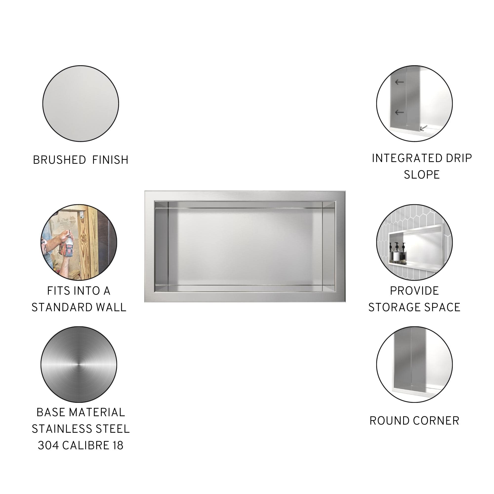 Odass | Shower Niche | 24" X 12" | NO Tile Needed ­| Rectangular Stainless Steel #304 Niche | Brush Recessed Single Shelf Organizer | Bathroom Storage for Shampoo Bottle |
