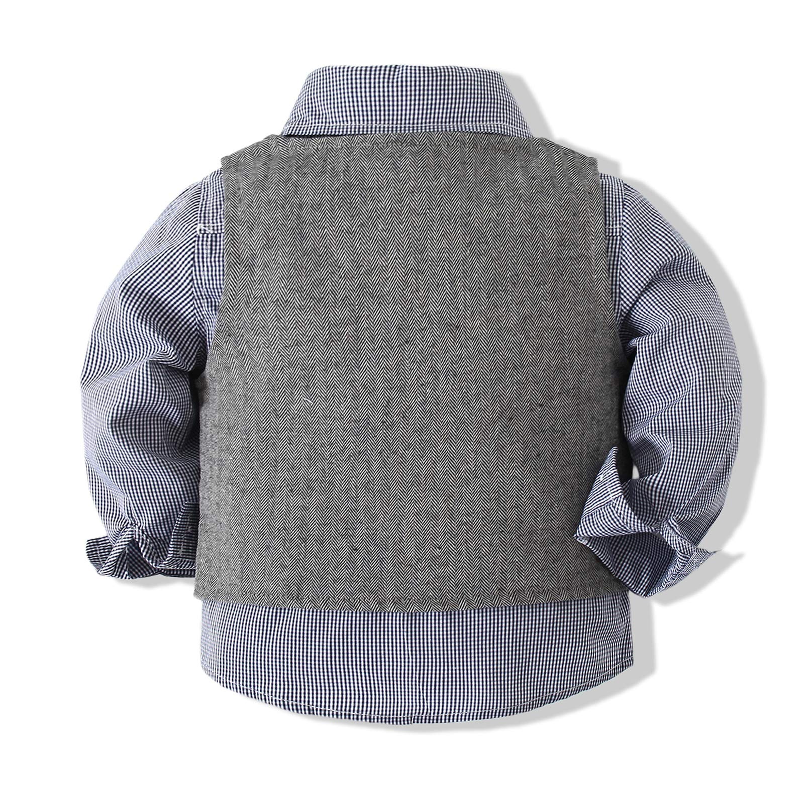 Xiangwu Textitle Baby Boy Gentleman Set with Dress Shirt+Bow Tie+Vest and Pants 3PC Set, Gray Plaid, 18-24 Months