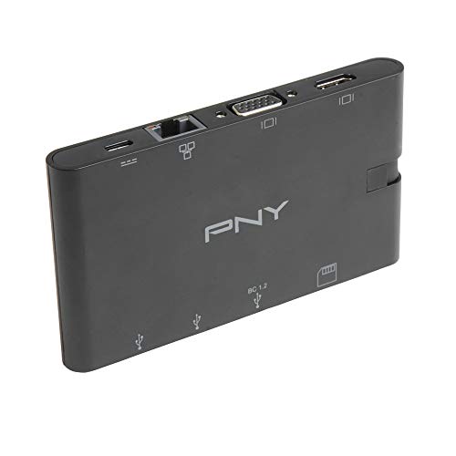 PNY 9 in 1 Mini Portable USB-C Power Hub with Integrated USB-C Cable for USB-C Compatible Devices with 2xUSB-C Ports, 2xUSB-A 3.1 Ports, 1xHDMI Port, 1xVGA Port, SD/microSD Slots, PNY Mini USB-C Hub