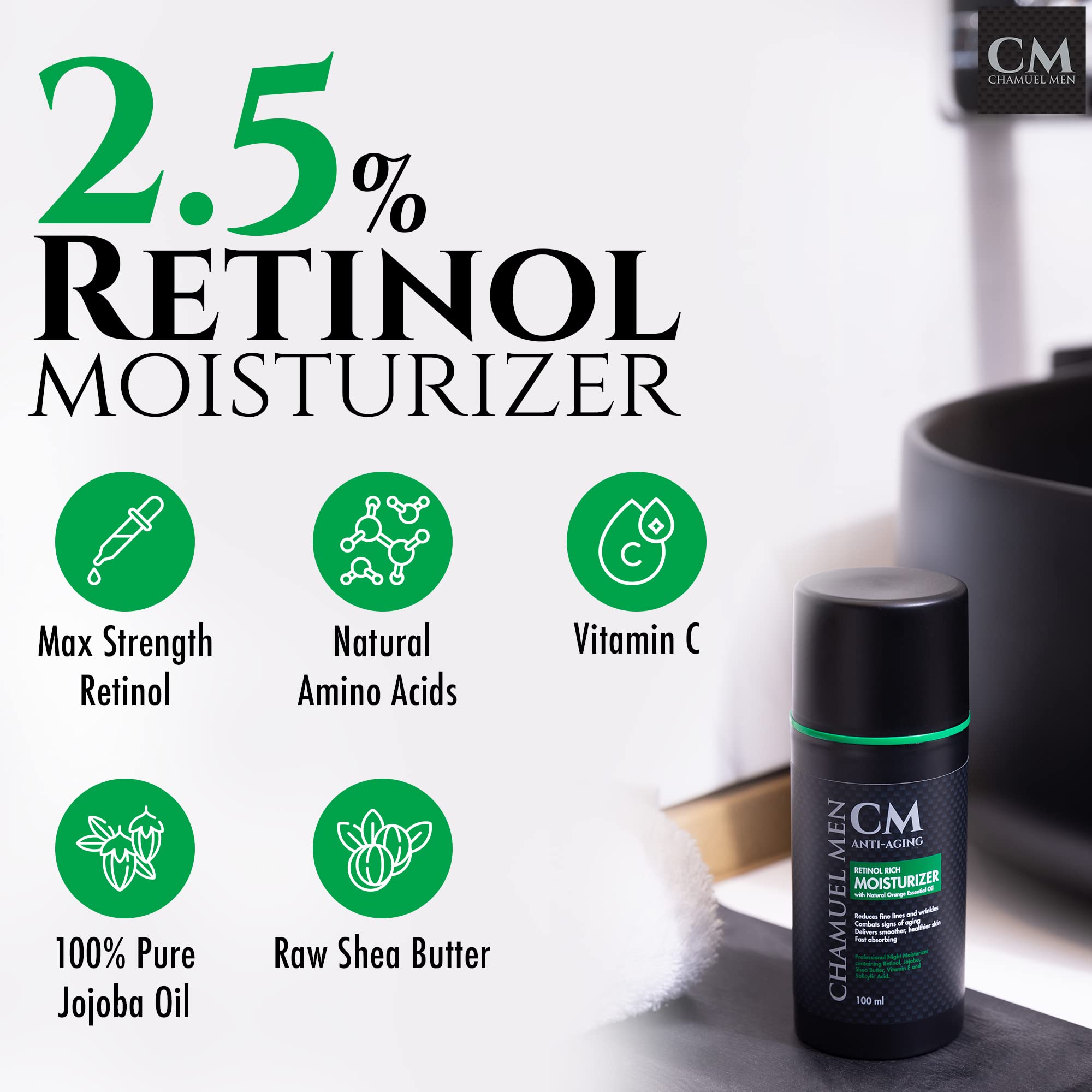 CHAMUEL MEN Daily Face Cream for Men with 2.5% Retinol Anti-Aging Moisturizer for Fine Lines, Dark Spots, and Wrinkles - Overnight Lotion