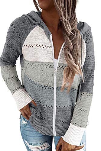 Acelitt Womens Casual Lightweight Long Sleeve Zip up Zipper Striped Knit Sweaters Hoodies Sweatshirts Pullover Jackets Large Gray2