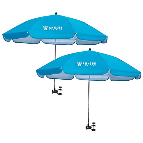 AMMSUN 2 PCS Chair Umbrella with Clamp 43 inches UPF 50+,Portable Clamp on Patio Chair,Beach Chair,Stroller,Sport chair,Wheelchair and Wagon,Bright Blue,2 Pack