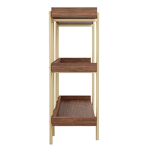 Martha Stewart Emmett 3 Shelf Storage Display Unit Bookcase with Metal, Set of 1, Walnut Wood Grain/Polished Brass Frame