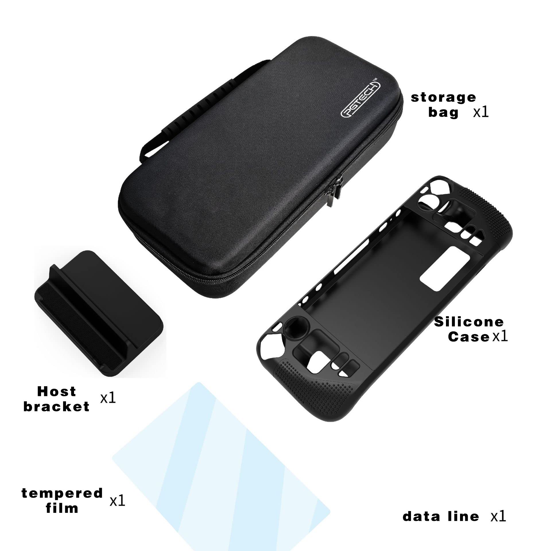 5 In 1 Game Console Case For Steam Deck, Hard EVA Carrying Case Rubber Sleeve + Tempered Film + Host Bracket + Charging Cable + Storage Bag, Nylon Travel Gear Storage