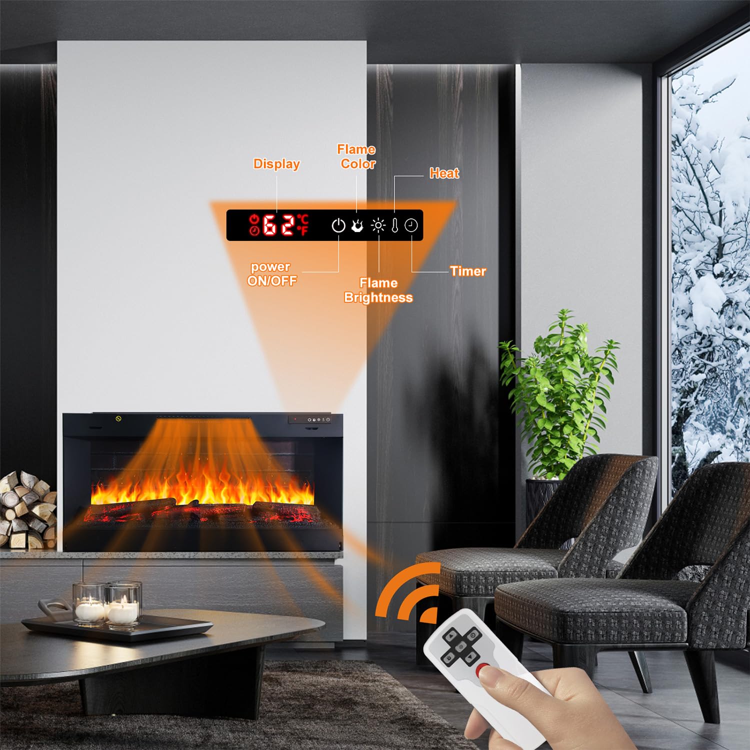 36 Inch Electric Fireplace Heater Wall Mounted and Freesatnding with Remote Control, Linear Electric Fireplace Inserts Adjustable Flame Brightness, Timer, 1500W Heater, Large Window and Indoor Use
