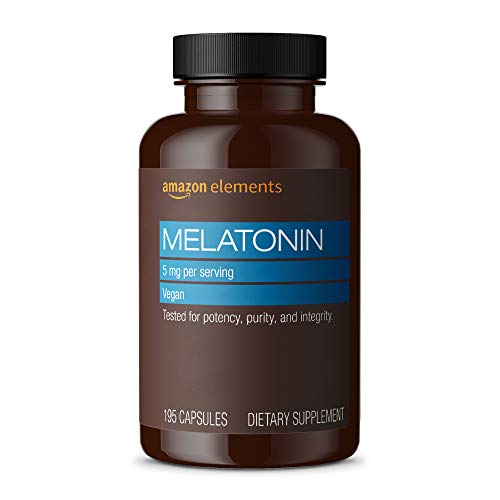 Amazon Elements Melatonin 5mg, Vegan, Helps with occasional sleeplessness, 195 Capsules, 6 month supply (Packaging may vary)