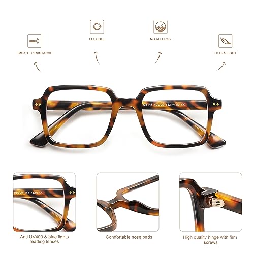 AMOMOMA 2Pack Retro Thin Square Reading Glasses for Women Men,Women's Blue Light Computer Reader AM6105 Crystal Brown+Tortoise 1.5