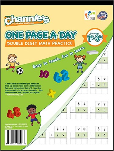 Channie’s One Page A Day Workbook, Double Digit Math Practice Worksheets, Total 100 Pages Front & Back (50 Sheets) in 2-Pack Set, Grades 1st, 2nd & 3rd, Size 8.5” x 11” (2 Pack)