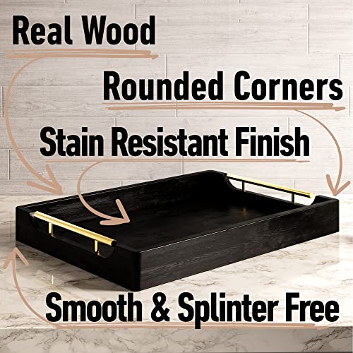 Black Coffee Table Tray 16.5" x 12" - Real Wood Ottoman Tray for Living Room - Serving Tray with Handles - Decorative Trays for Coffee Table - Decorative Tray for Ottoman - Black Tray for Coffee Table