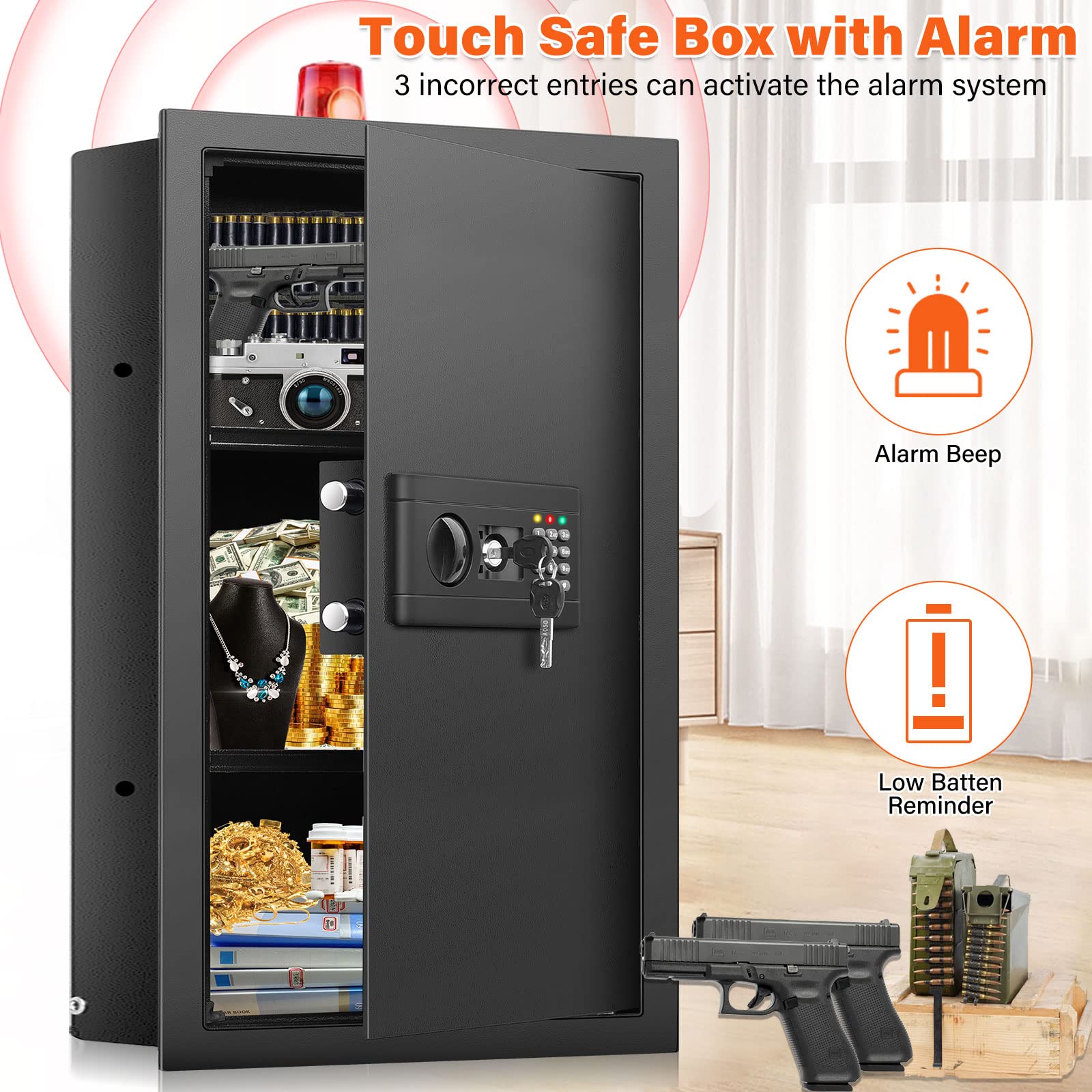 25.6" Tall Fireproof Wall Safes Between the Studs 16" Centers, Hidden Wall Safe with 2 Removable Shelf & Hidden Tray, Heavy Duty Wall Mount Safe for Firearms, Money, Jewelry, Passport Black