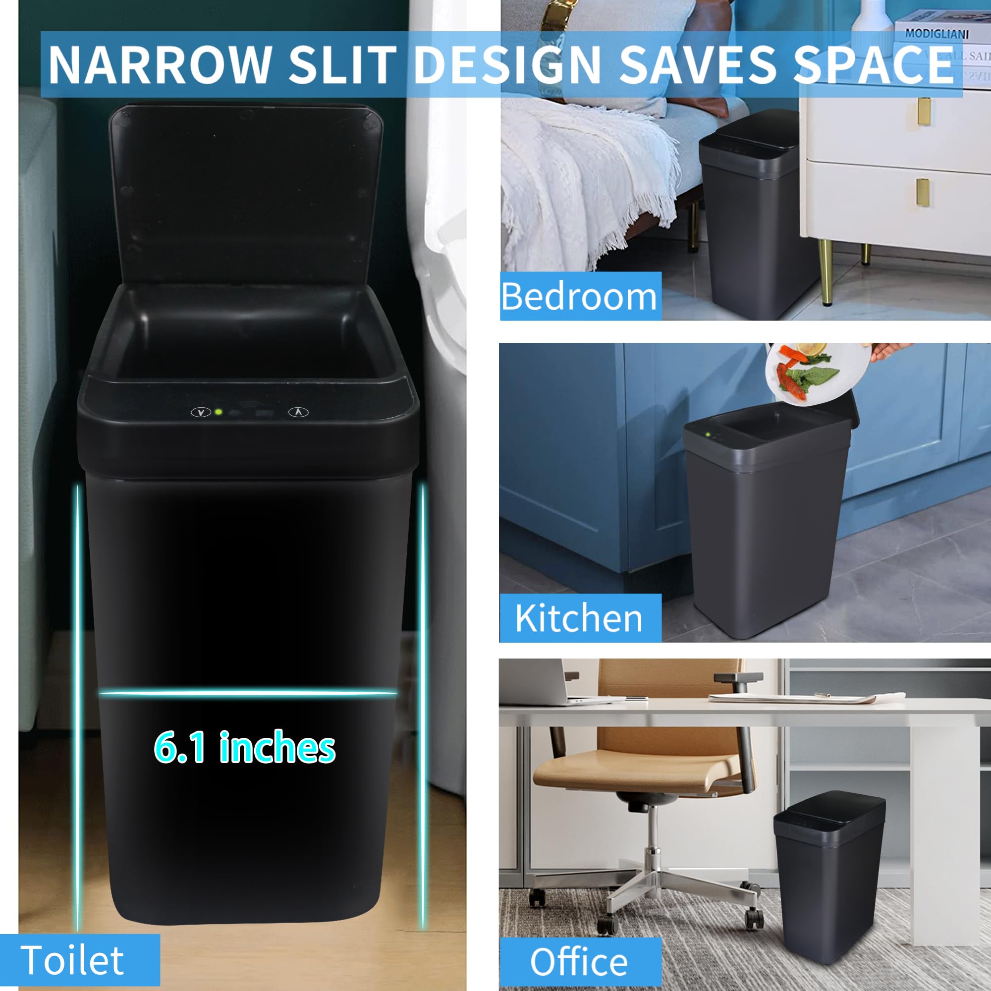 TemphytBong Small Slim Bathroom Trash Can with Lid Automatic Touchless Garbage Can 2.5 Gallon Narrow Covered Motion Sensor Trash Can for Bathroom Living Room Bedroom Office Toilet Black(2 Pack)