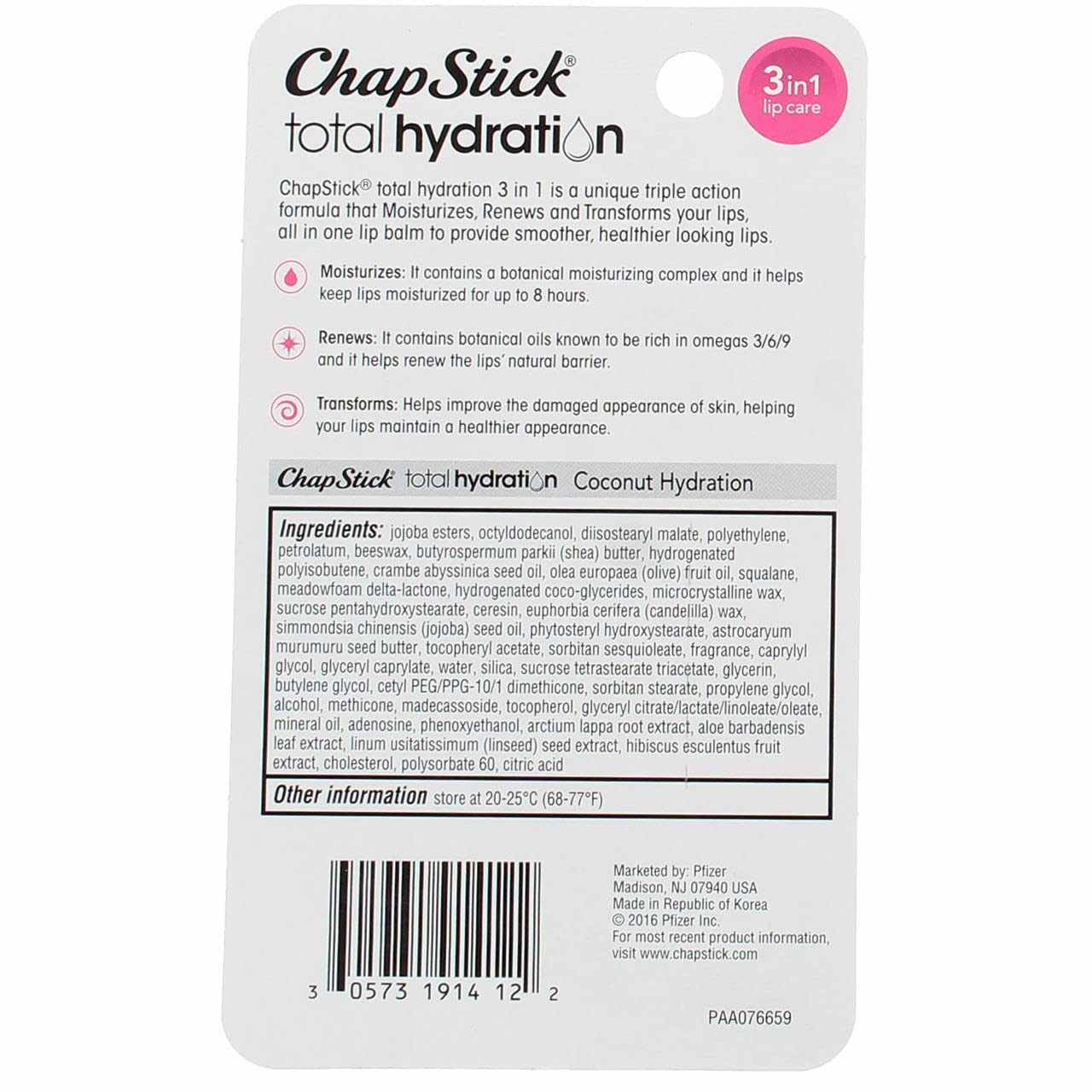 ChapStick Total Hydration 3-in-1 Lip Care Coconut Hydration 0.12 oz (Pack of 6)