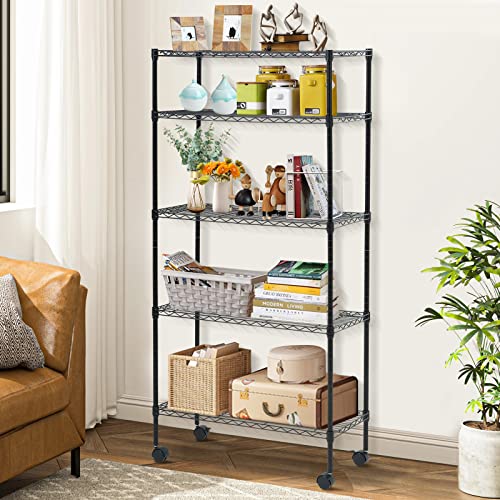 Dkeli 5 Tier Wire Shelving with Wheels, 14"x30"x60" Storage Shelves NSF Heavy Duty Adjustable Utility Rolling Steel Garage Shelving Metal Storage Rack, Black