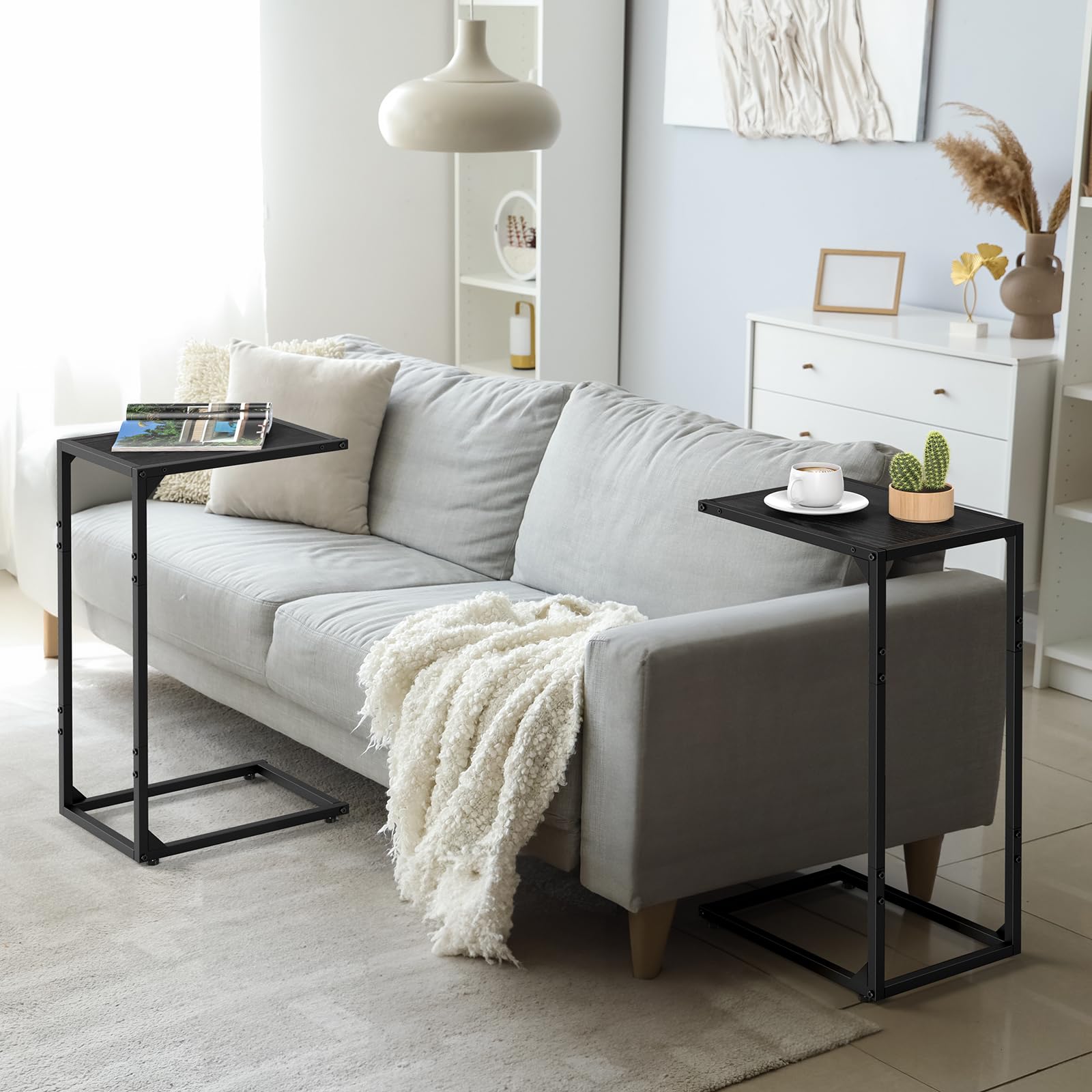 C Shaped End Table Set of 2, Snack Side Table, C Tables for Couch, Couch Tables That Slide Under, Small TV Tray Tablefor Living Room, Bedroom,Dark Grey