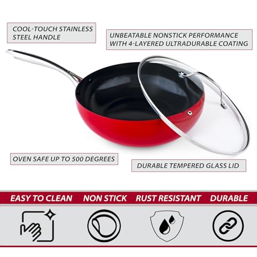 DiamoTech Diamond Ceramic Coated Nonstick Wok, Healthy Cooking, Utensil Safe, 100% PTFE/PFOA/PFOS Free, Ultra-Durable Coating, Ergonomic Handle (Red, 12" Wok)