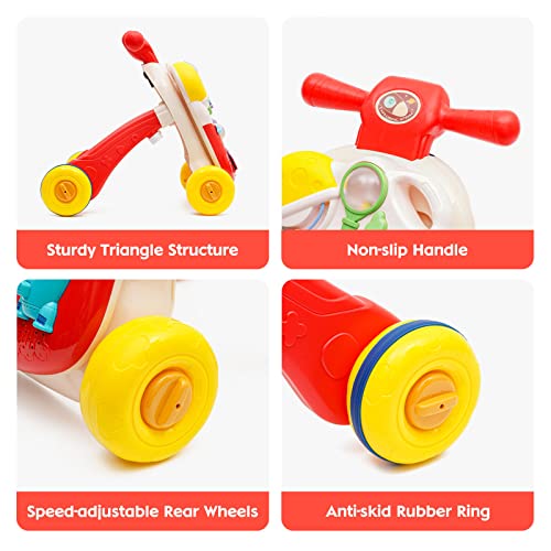 Baby Walker Sit-to-Stand Learning Walker Kids Activity Center Entertainment Table Lights & Sounds & Music & Rotating Gear & Rocket Rattle & Steering Wheel Educational Push Toy for Babies Toddlers(Red)