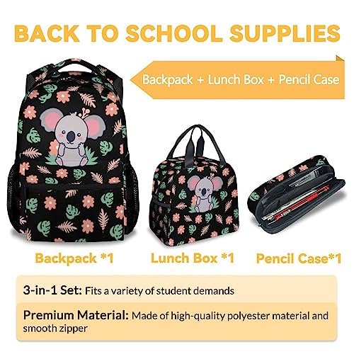 AIOMXZZ Koala Backpack with Lunch Box And Pencil Case, 16 Inch Cute Koala Bookbag Durable, Lightweight, Large Capacity, Funny Animal Backpack for School Girls Kids Women