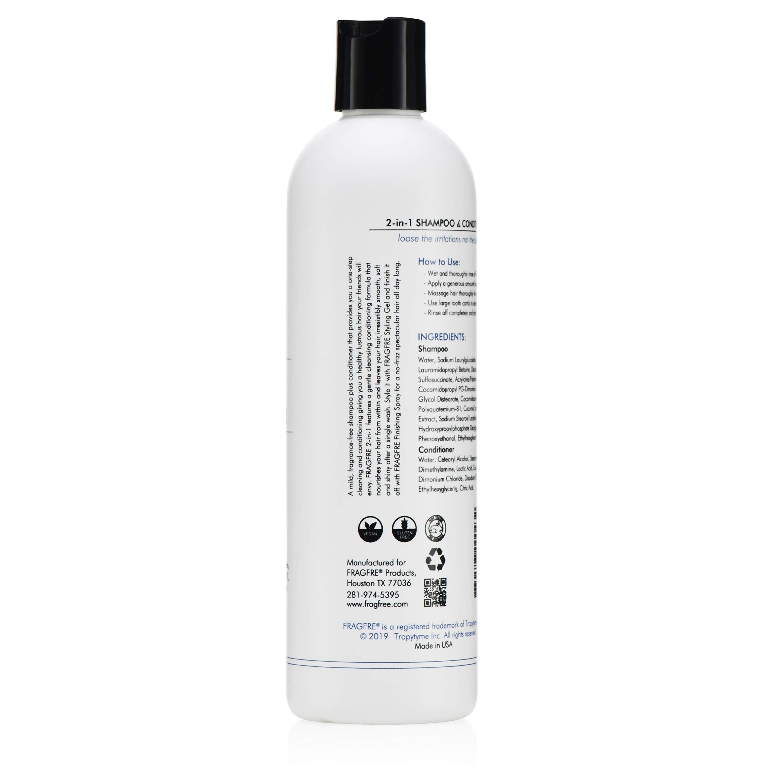 FRAGFRE 2 in 1 Shampoo and Conditioner 12 oz - Fragrance Free Conditioning Shampoo for Short to Medium Hairs - Color Safe Wash and Go - Sulfate Free Cleansing Conditioner for Sensitive Scalps (1 Pack)