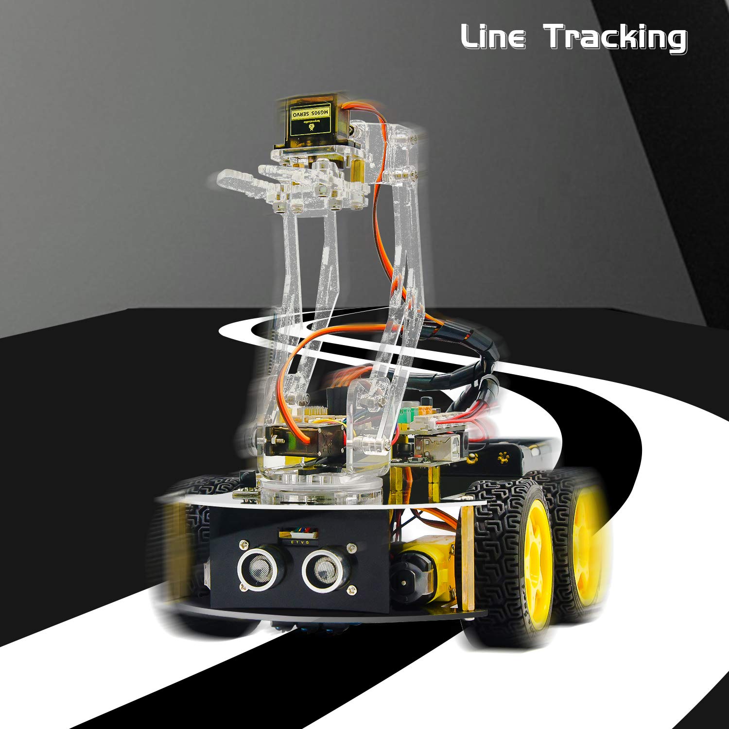 KEYESTUDIO 4WD Bluetooth Smart Car Robot Arm Building Starter Kit for Arduino ,for Uno R3 Programmable Robotics Coding Kit DIY Set for Student Adults 15+