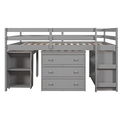 BIADNBZ Full Size Low Loft Bed with Rolling Portable Desk, Cabinet and Storage Shelves, Wooden Multiple Functions Study LoftBed for Kids Boys Girls Bedroom, Gray