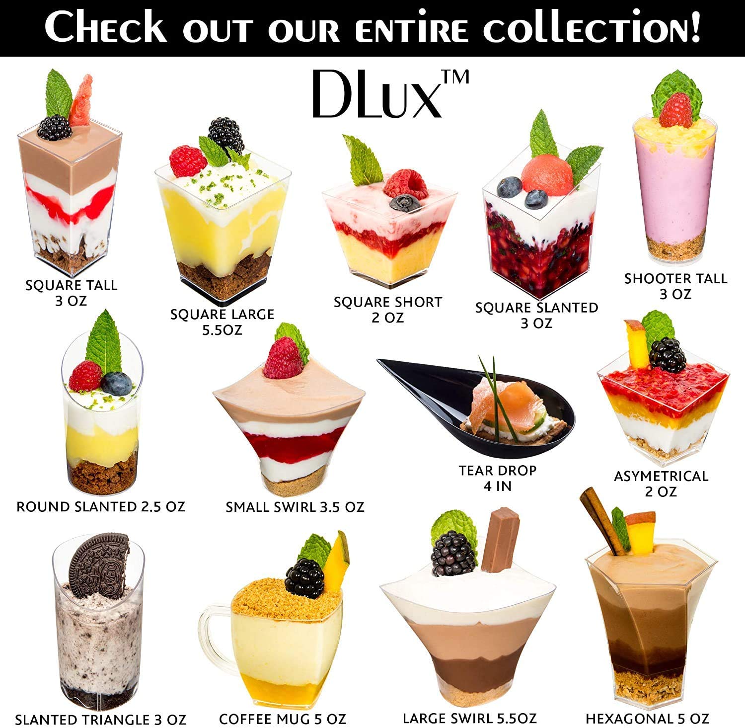 DLux 100 x 2 oz Mini Dessert Cups with Spoons, Square Short - Clear Plastic Parfait Appetizer Cup - Small Reusable Serving Bowl for Tasting Party Desserts Appetizers - With Recipe Ebook