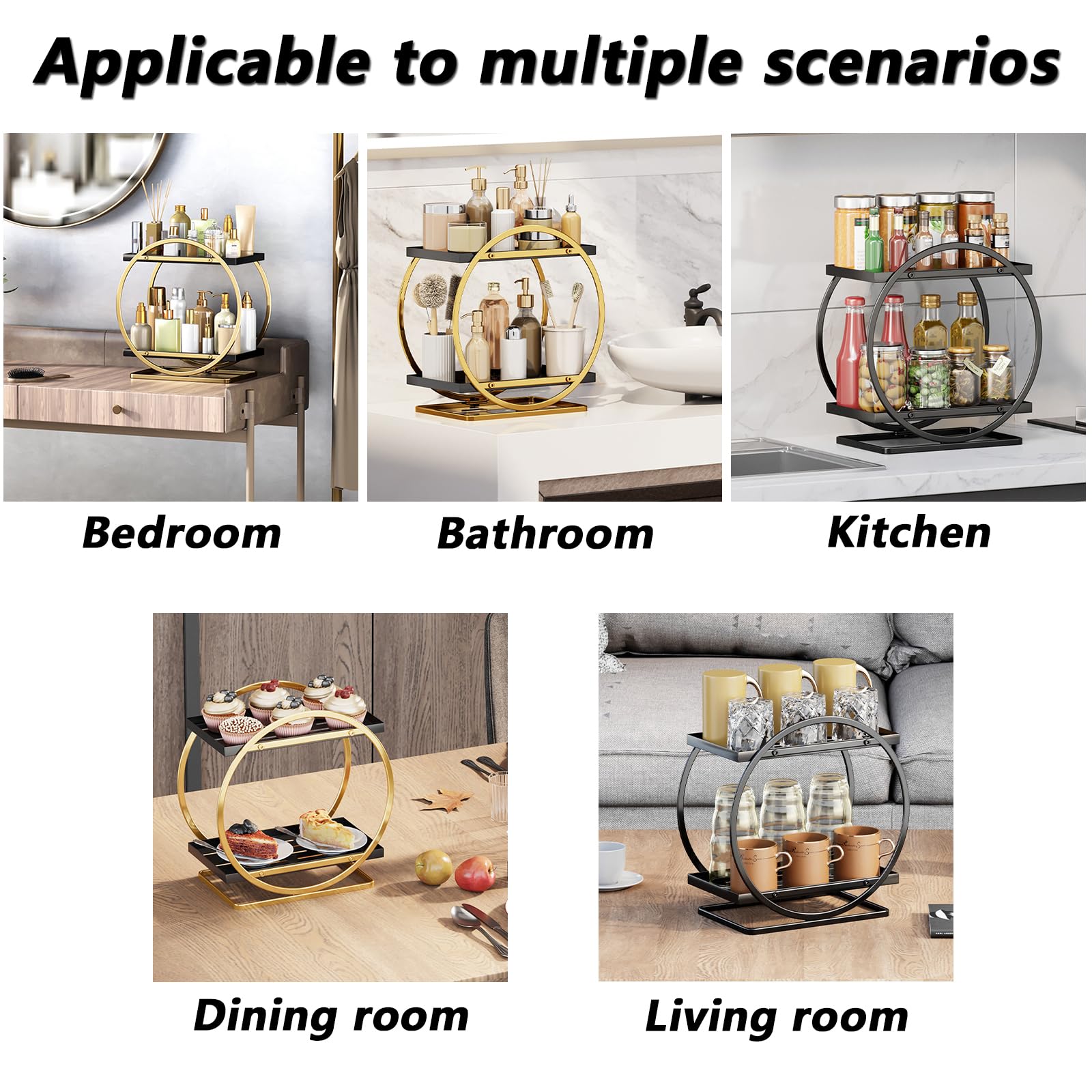 YFUIF 2 Tier Perfume Organizer, Bathroom Organizer Countertop, Dresser Makeup Vanity Skincare Storage Tray Shelf Rack Senior Room Decor Aesthetic Display Accessories (Black Gold)