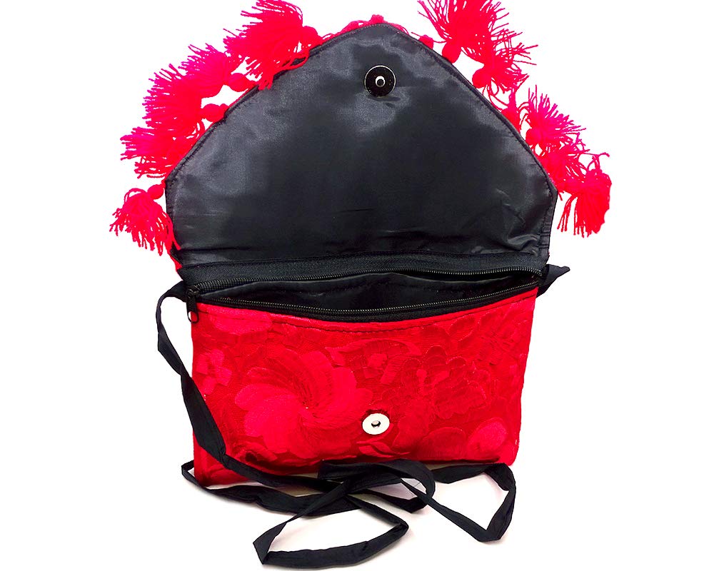 Floral Embroidered Pom Tassel Fringe Slim Envelope Clutch Purse Crossbody Strap Bag - Women Fashion Handmade Boho Accessories (Red)