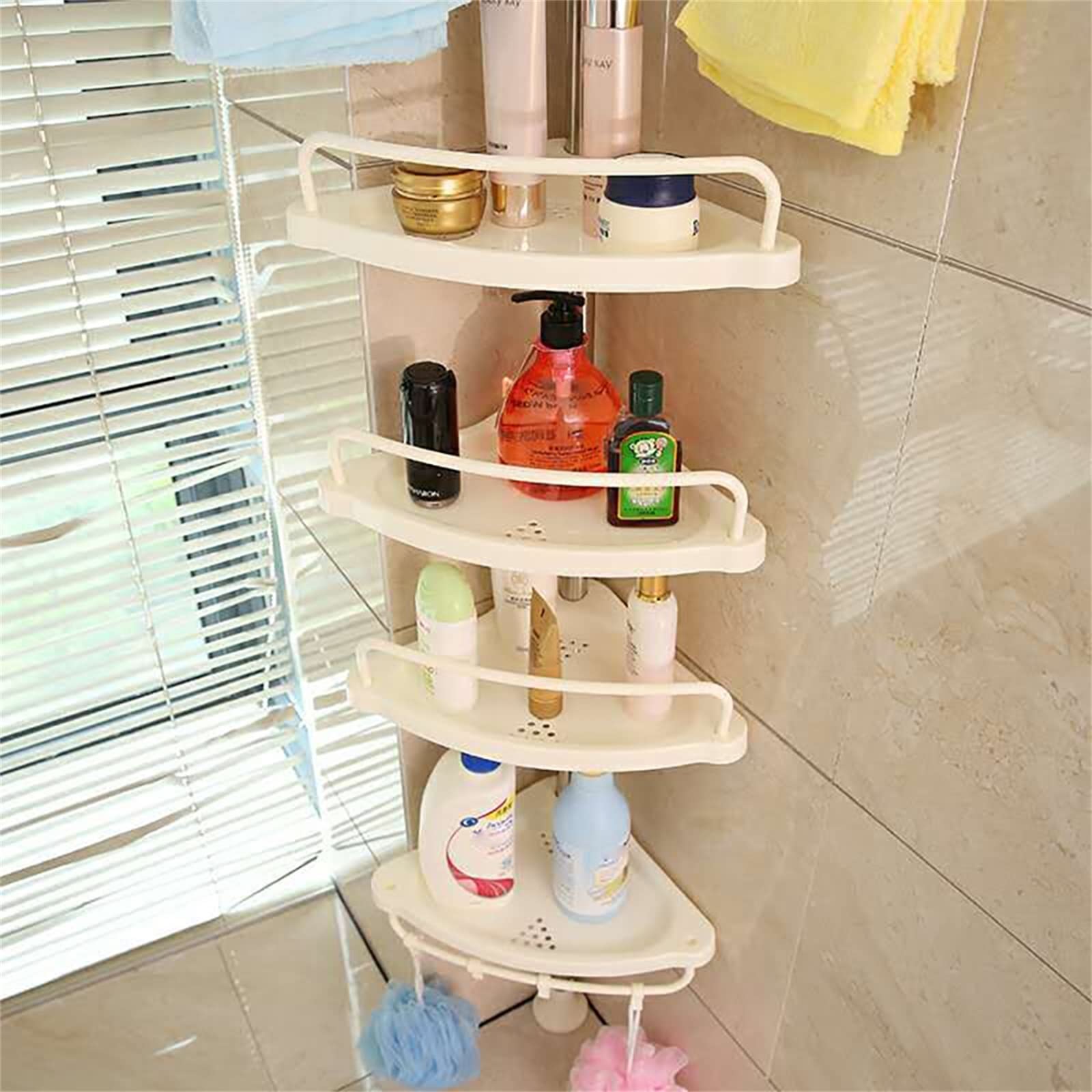 GDNTMU 4 Tier Bathroom Corner Shower shelf Tension Pole Rust Proof Telescopic Rod Storage Rack Organizer Corner Shower Organizer