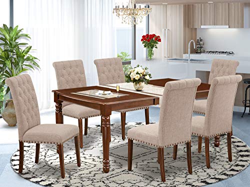 East West Furniture DOBR7-MAH-04 Nook Kitchen Set-Light Fawn Linen Fabric Button-tufted Parsons Chairs-Mahogany Finish 4 legs Hardwood Butterfly Leaf Rectangular Wood Dining Table and Frame, 7-Pc