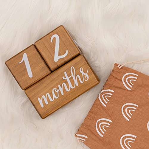 Pondering Pine Baby Milestone Blocks - Natural Pine Wood with Weeks Months Years Grade - Milestones Age Block Set with Boho Rainbow Bag, Newborn Weekly Monthly First Year Picture Props, Earth Friendly