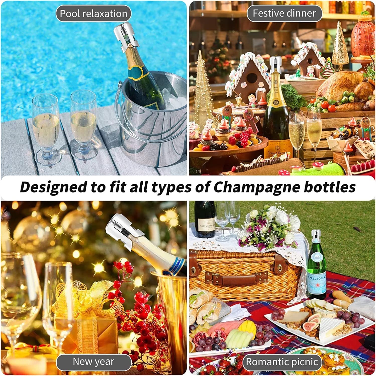 3-PACK BarBinge Champagne Cork Stopper Cap Portable Sparkling Wine Bottle Prosecco Cava Stainless Steel Sealer Plug Clamps Bar Kitchen Gadget