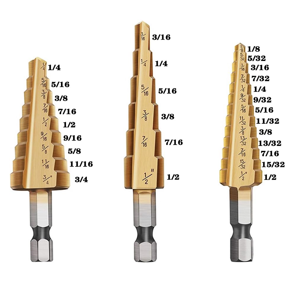 3Pcs Titanium Step Drill Bit Set, High Speed Steel Titanium Coated Drill Bits, 1/8" - 3/4" Total 28 Sizes for Plastic, Wood, Sheet Metal, Aluminum Hole Drilling