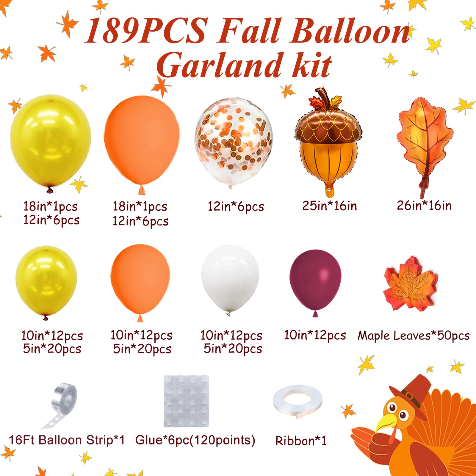 AobkDeco 189 pcs Fall Balloons Garland Arch Kit Fall Decorations Orange Burgundy White balloons for Thanksgiving Autumn Little Pumpkin Baby Shower Decorations with Fall Maple Leaves