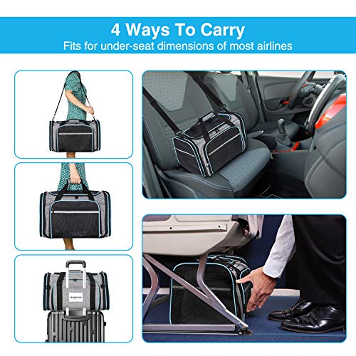 MASKEYON Airline Approved Portable Pet Carrier 2 Sides Expandable Soft-Sided Large Cats Carrier Collapsible Kennel Travel TSA Carrier 4 Doors with Removable Pads and 3 Pockets for Puppy Small Dogs
